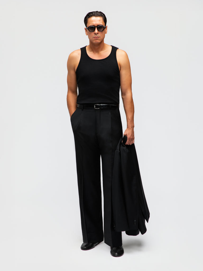 Grand Le Mar | Black Wool Belt Trousers (Wide Fit) – Grand Lè Mar
