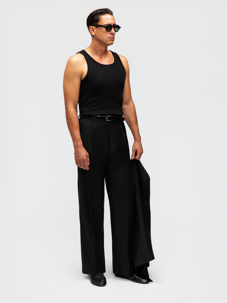 Grand Le Mar | Black Wool Belt Trousers (Wide Fit) – Grand Lè Mar